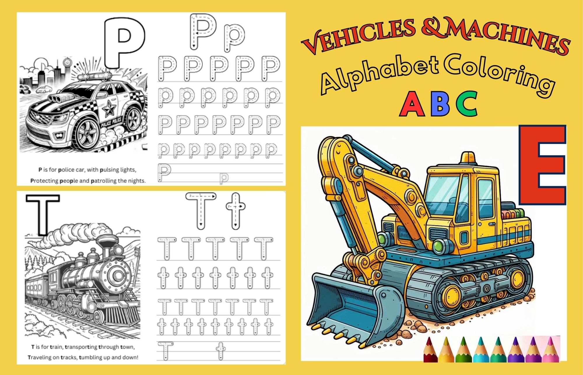 Alphabet Coloring Book for Kids | Vehicles, Rhymes & Tracing Fun